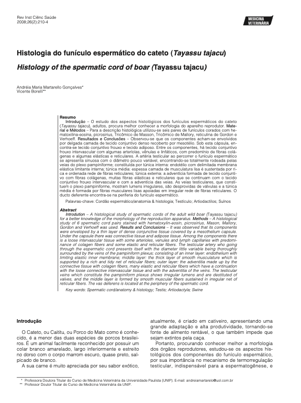 Histologia do funículo espermático do cateto (Tayassu tajacu ...